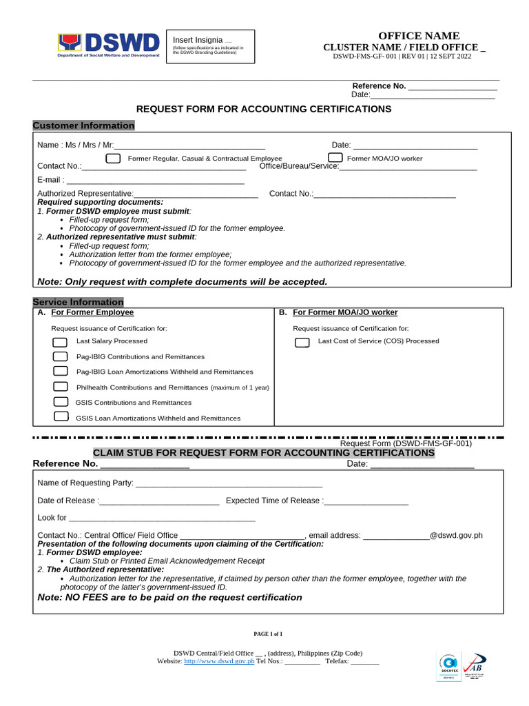 DSWD FMS GF 001 - Rev 01 - Request Form For Accounting Certifications | PDF