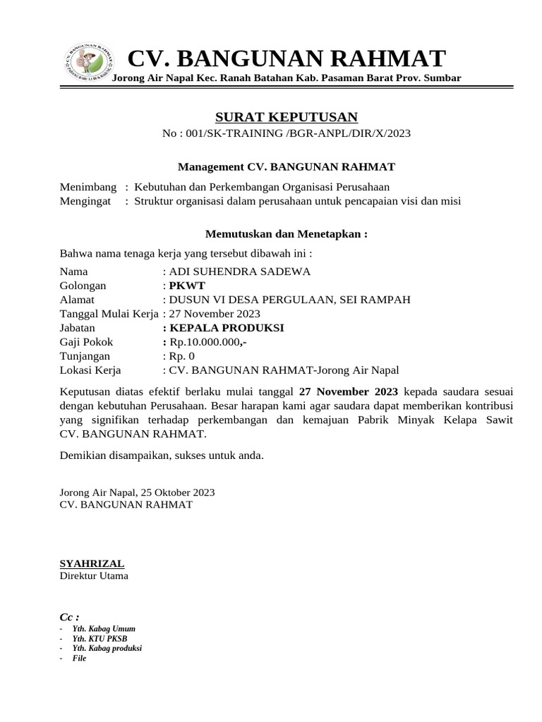 Surat Keputusan Tenaga Kerja CV. Rahmat | PDF