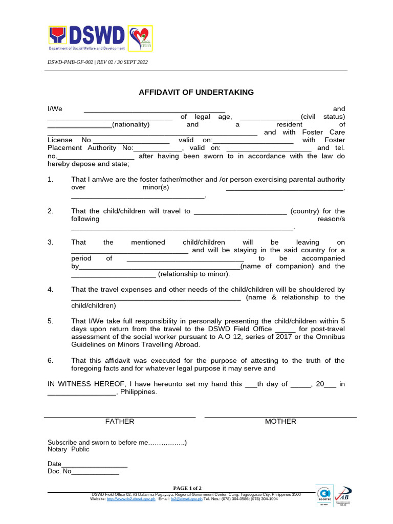 DSWD Affidavit of Undertaking Form | PDF | Family | Child Welfare