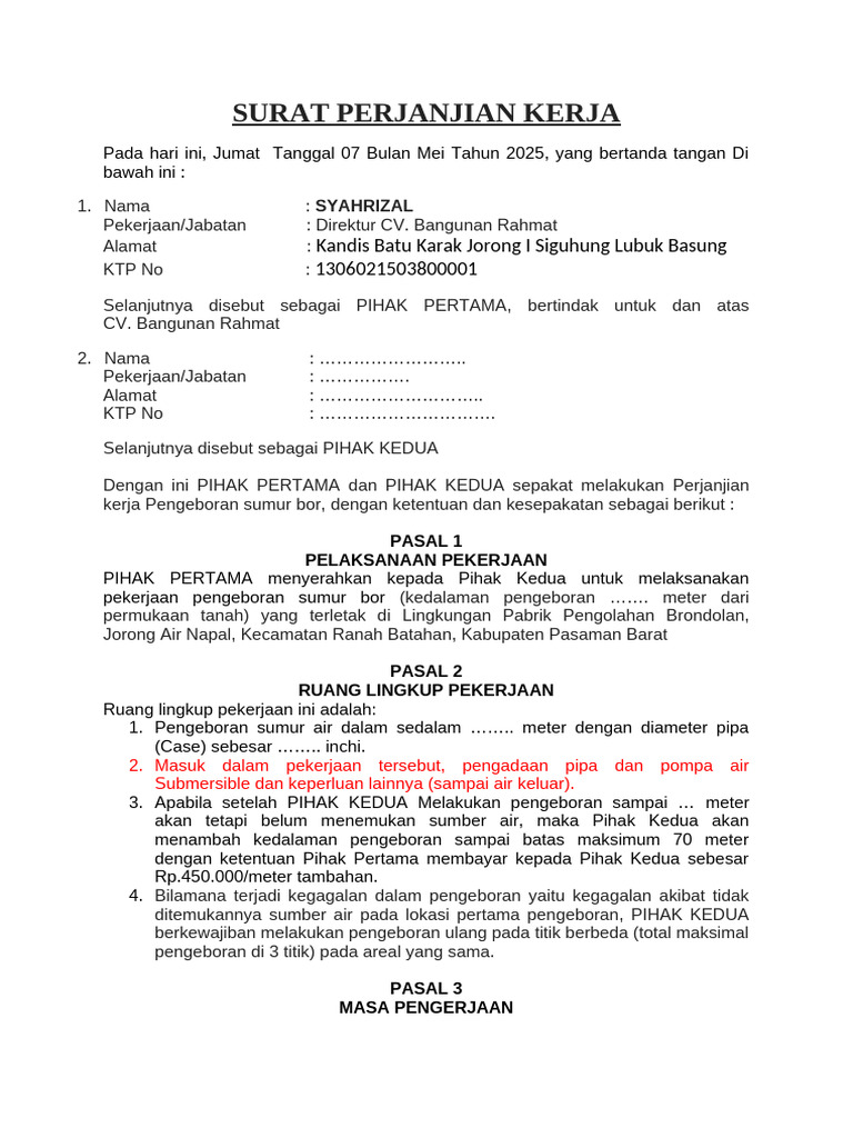 Surat Perjanjian Kerja Sumur Bor | PDF