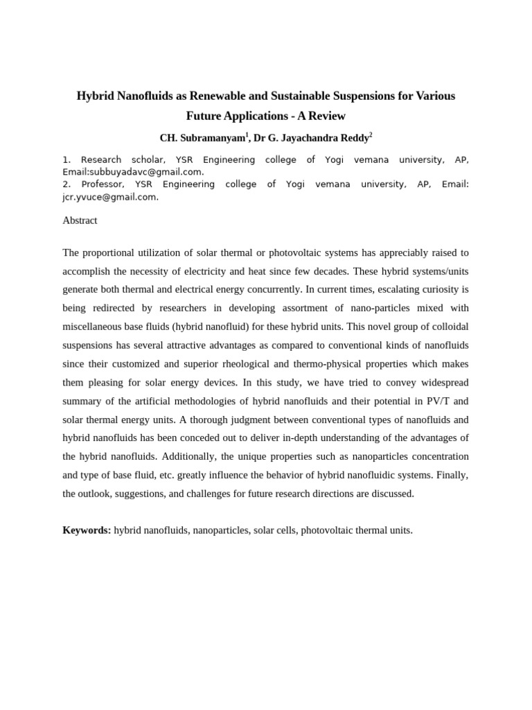 Hybrid Nanofluids As Renewable and Sustainable Suspensions For Various Future Applications | PDF