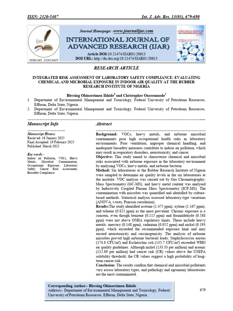 INTEGRATED RISK ASSESSMENT OF LABORATORY SAFETY COMPLIANCE: EVALUATING ...