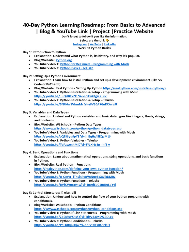 40 Day Python Roadmap With 1 Blog - 2 Youtube Link - 2 Project | PDF | Object Oriented ...