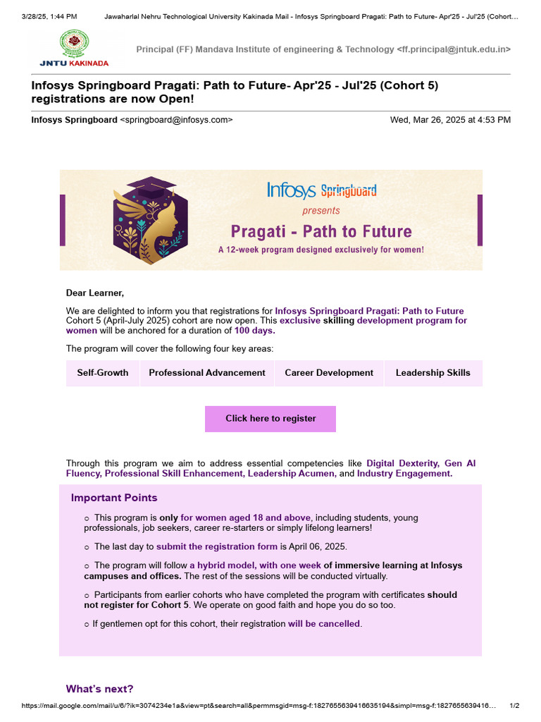 Infosys Springboard Pragati - Path To Future - Apr'25 - Jul'25 (Cohort 5) Registrations Are Now ...