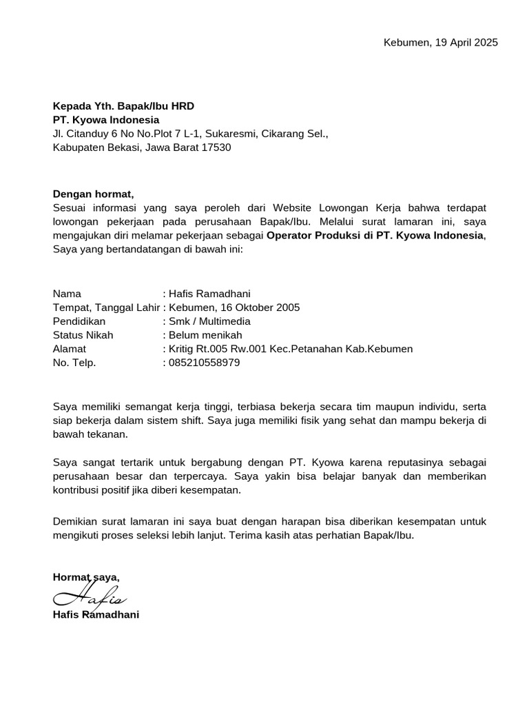 Surat Lamaran PT Kyowa - 20250421 - 112908 - 0000 | PDF