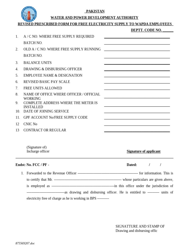 Free Electricity Supply Form for WAPDA Employees | PDF