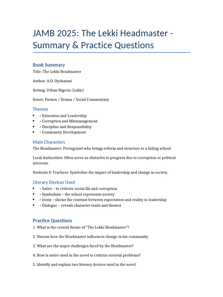 The Lekki Headmaster Summary and Questions | PDF