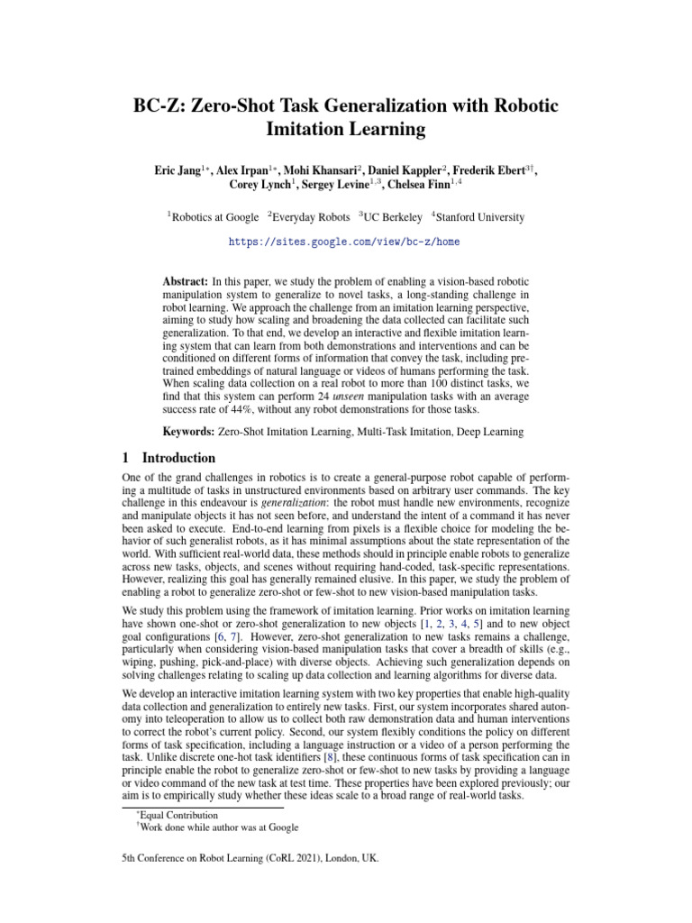 BC-Z - Zero-Shot Task Generalization With Robotic Imitation Learning | PDF