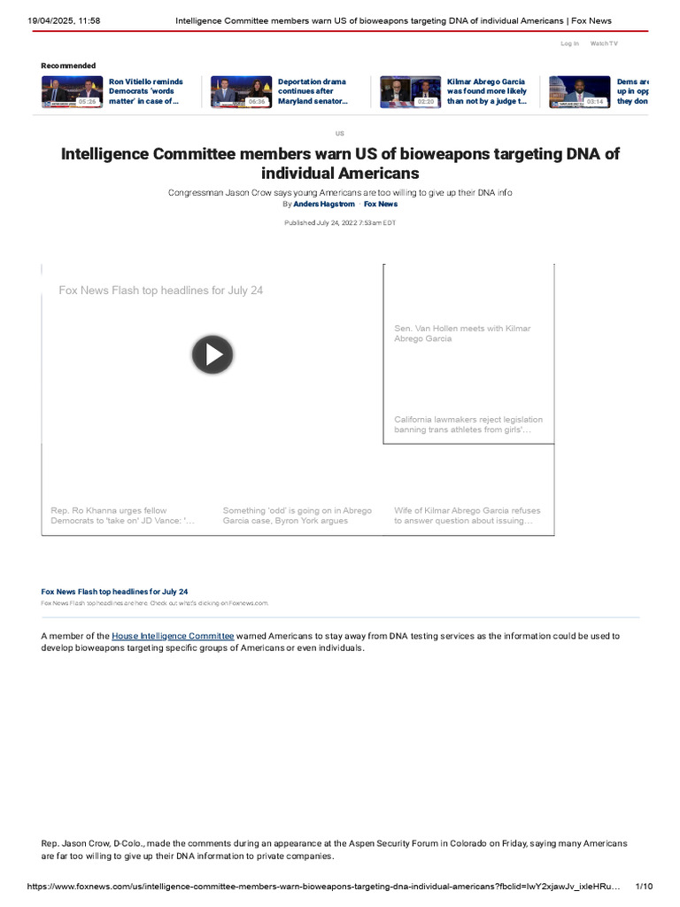 Intelligence Committee Members Warn US of Bioweapons Targeting DNA of ...