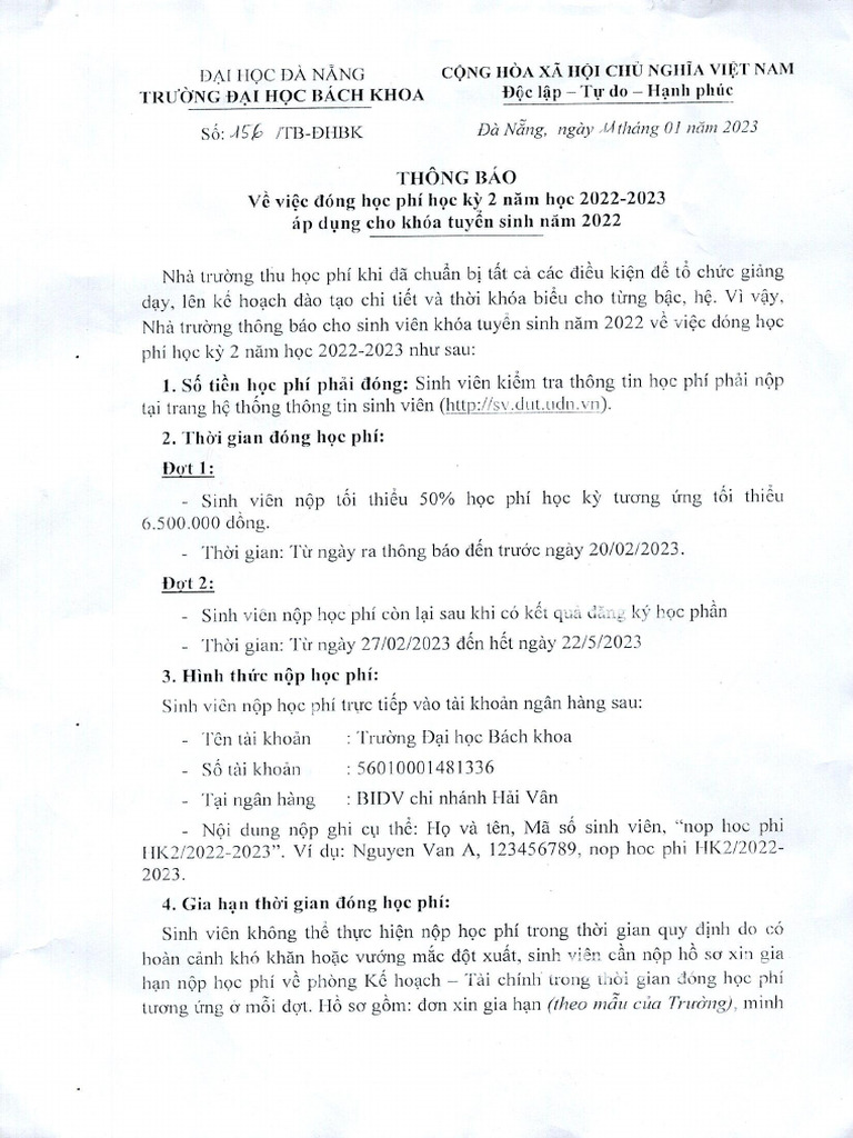 156 DHBK TB dong hoc phi HK2 2022 2023 ap dung cho khoa TS 2022_0001 | PDF