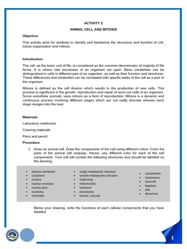 General Zoology Laboratory - Activity 2 - Animal Cell and Mitosis | PDF ...