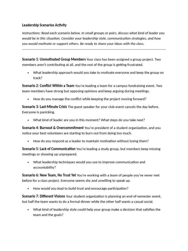 Leadership Scenarios for Student Discussion | PDF