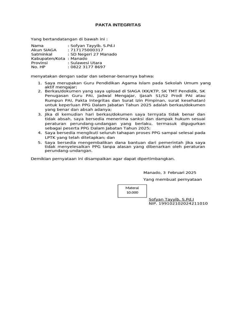 Pakta Integritas PPG Sofyan | PDF