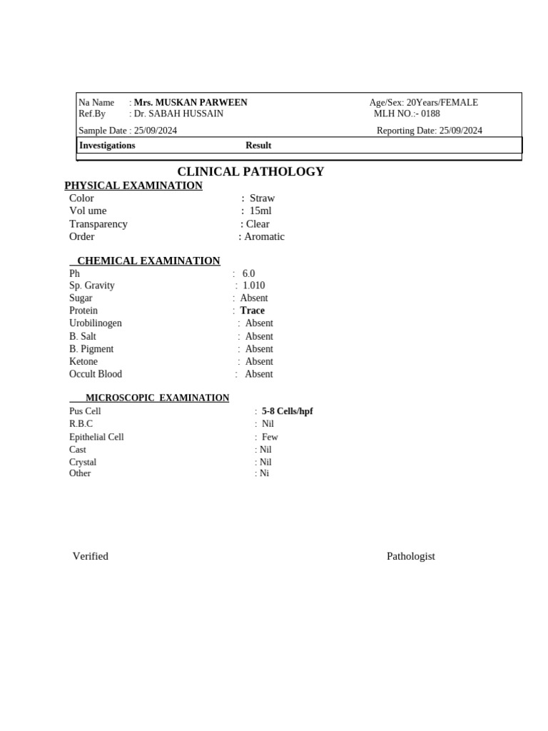 Urine Examination Report for Muskan Parween | PDF