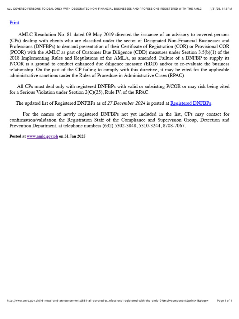 AMLC Registered DNFBPs Advisory 2025 | PDF