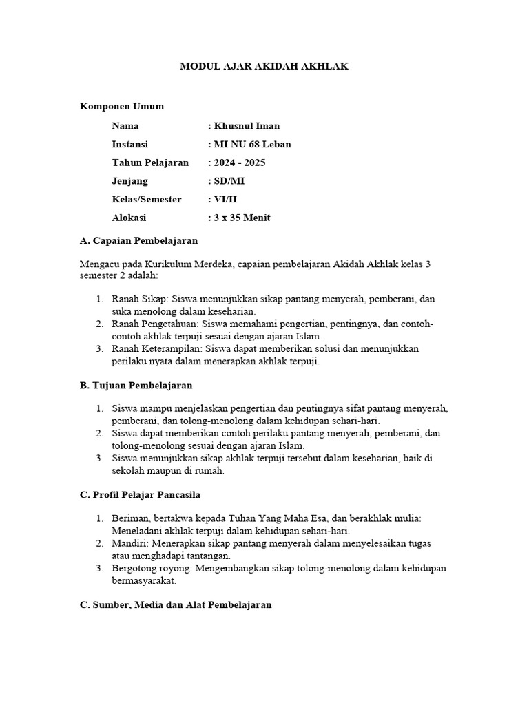 Modul Ajar Akidah Akhlak | PDF