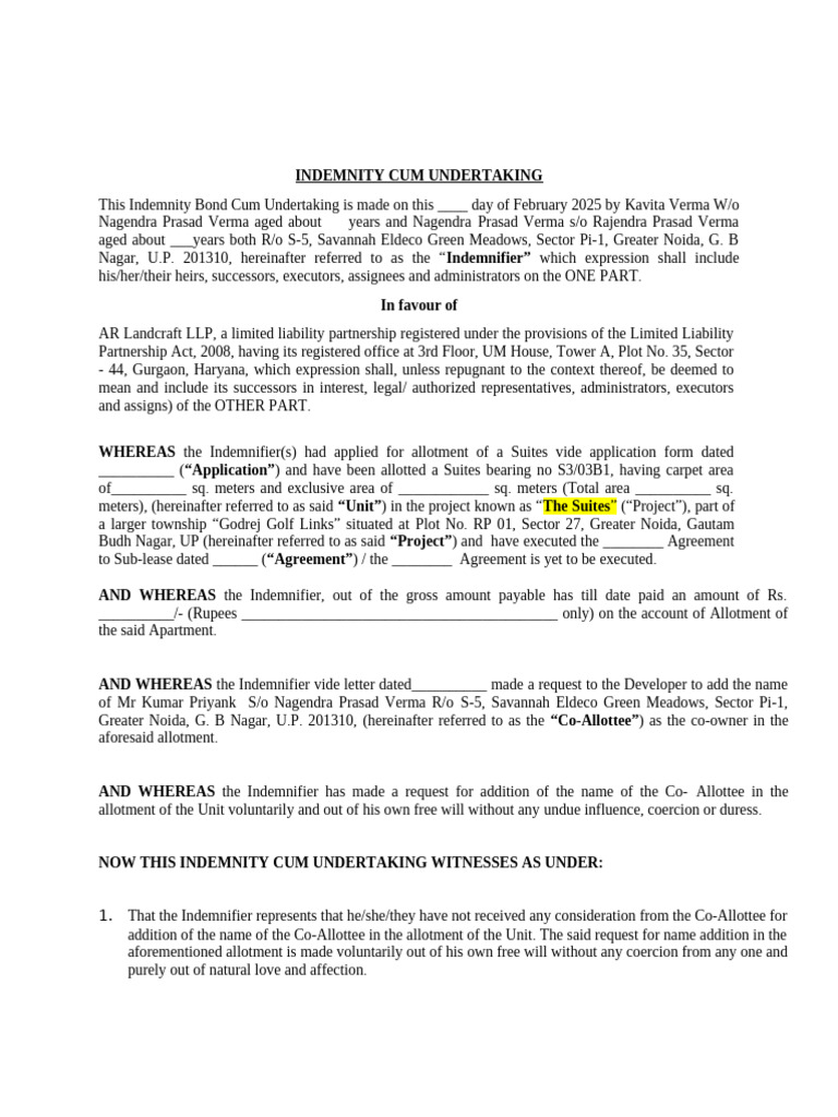 Undertaking for Name Addition | PDF | Indemnity | Business Law