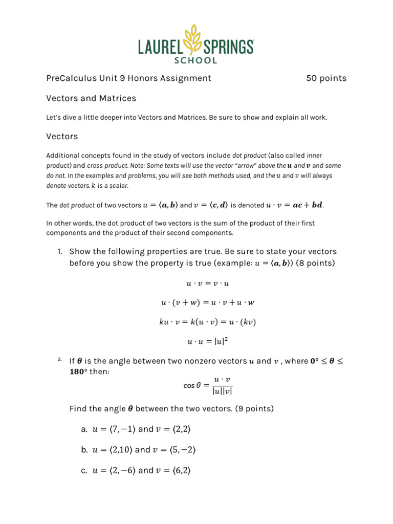 PreCalc Unit 9 Honors Assignment | PDF | Euclidean Vector ...