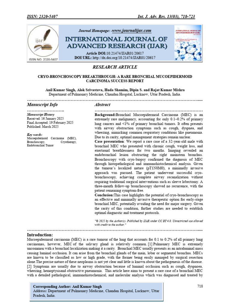 Cryo-Bronchoscopy Breakthrough: A Rare Bronchial Mucoepidermoid ...