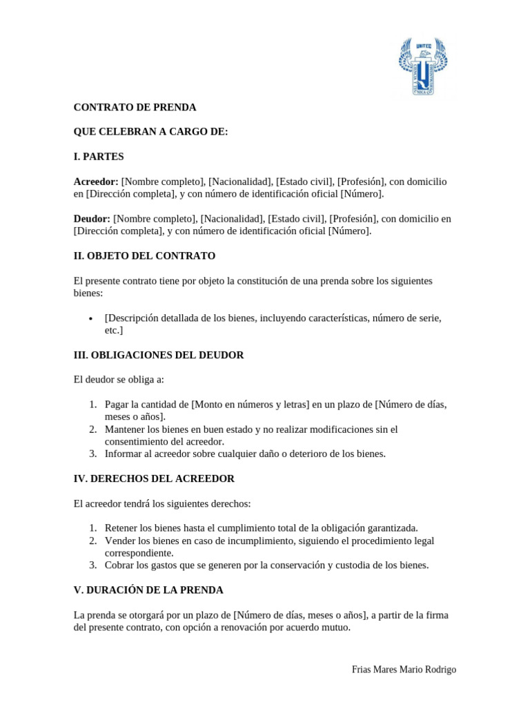 Contrato de Prenda: Obligaciones y Derechos | PDF