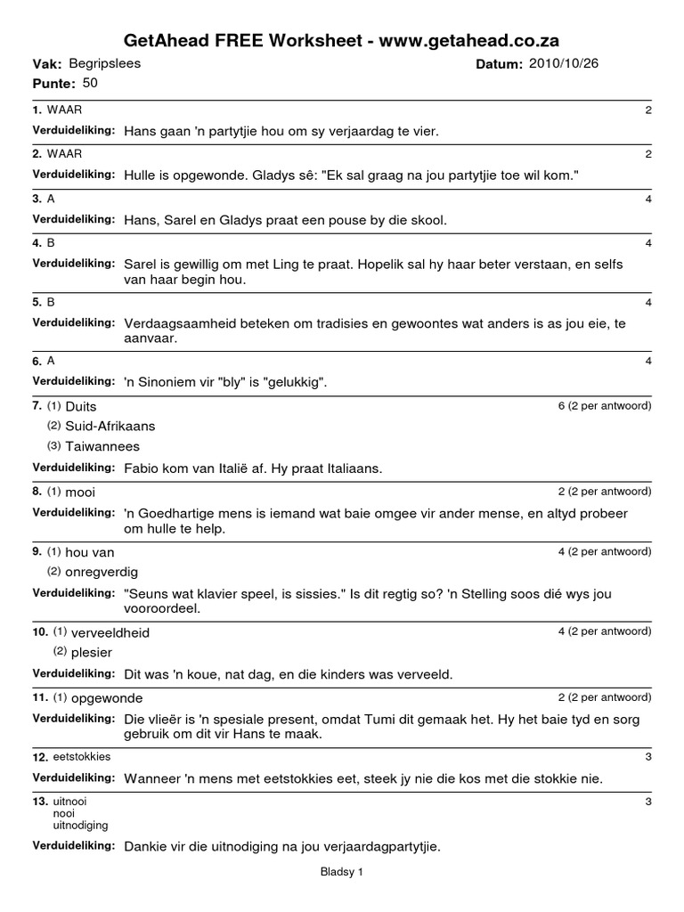 Grade5 Afrikaans Begripslees Memo | PDF