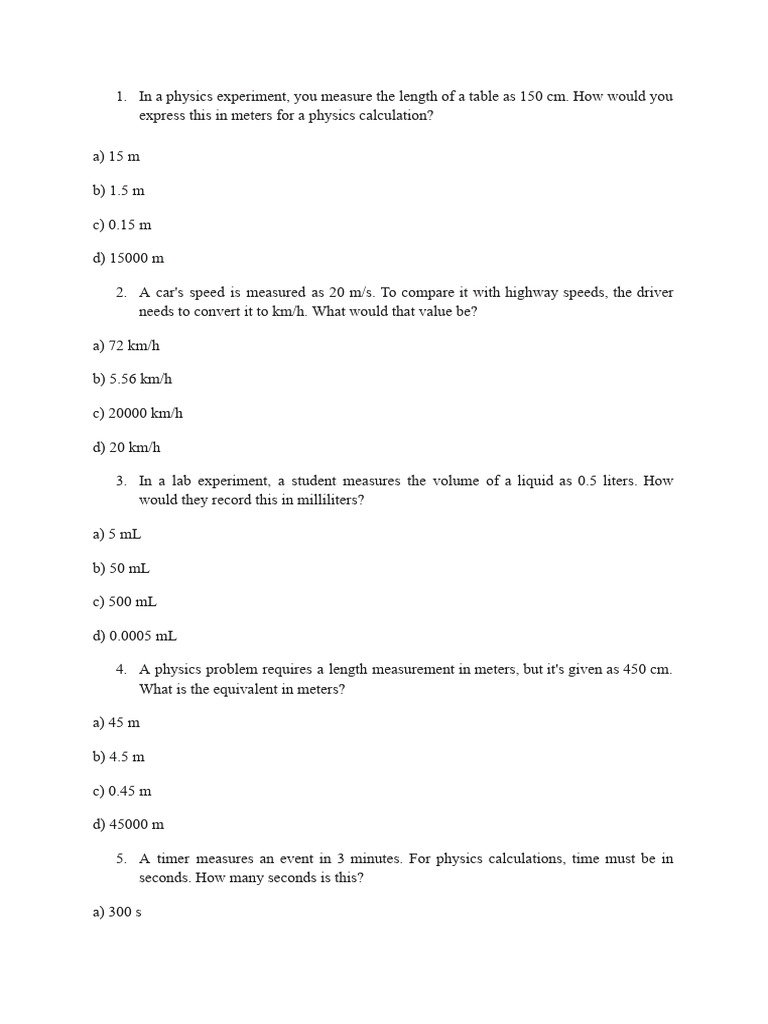 Physics Measurement Conversion Quiz | PDF | Volt | Force