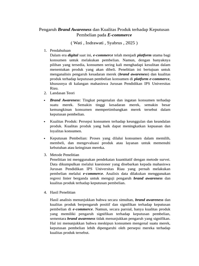 Pengaruh Brand Awareness Dan Kualitas Produk Terhadap Keputusan Pembelian Pada E | PDF