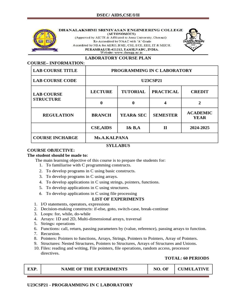 Programming in C Laboratory Course Plan (1) It | PDF | Pointer (Computer Programming) | Control Flow