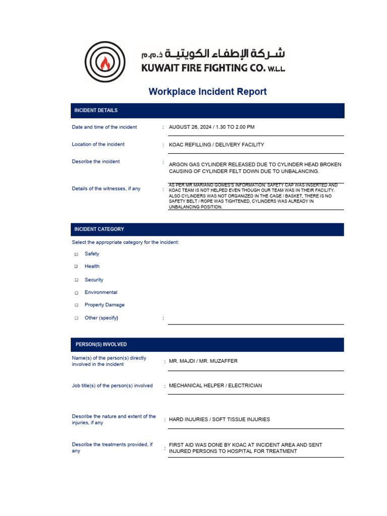Az-Zour Cylinders Incident Report | PDF | Occupational Safety And ...