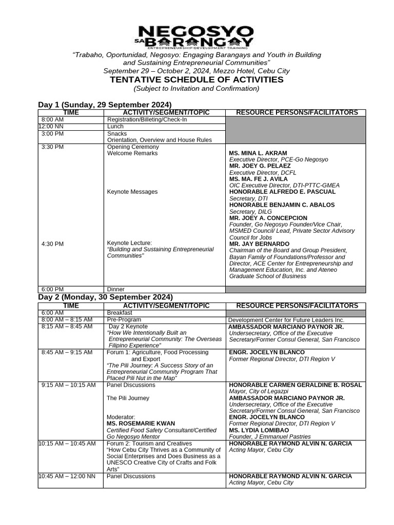 Tentative Schedule of Activities NSB | PDF | Philippines