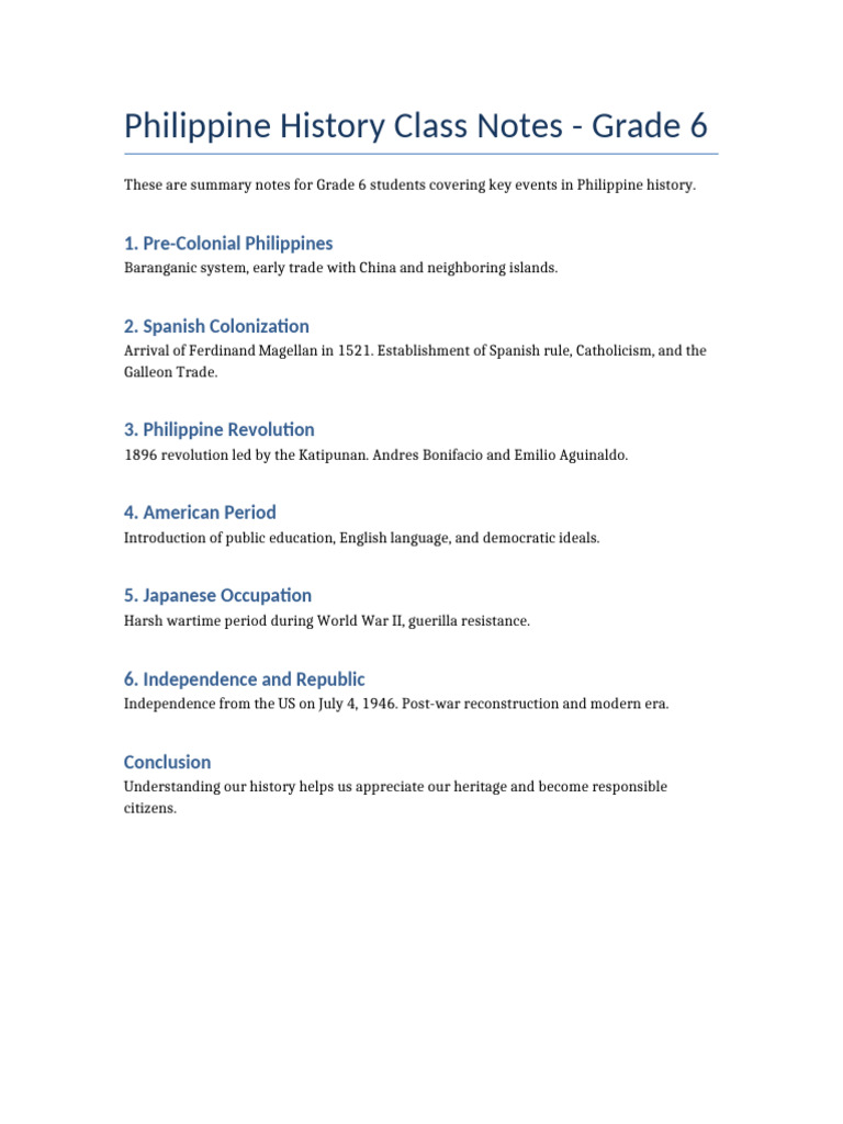 Grade 6 Philippine History Overview | PDF
