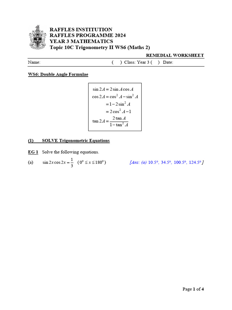 10C Trigonometry II Rem WS (WS6) PDF | PDF | Trigonometry | Elementary Geometry