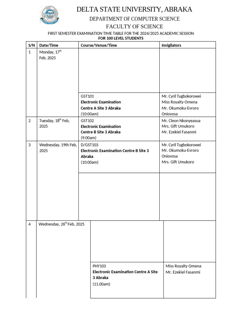 Departmental Examination Timetable 2024 2025 1st Semester | PDF | Educational Stages | Schools