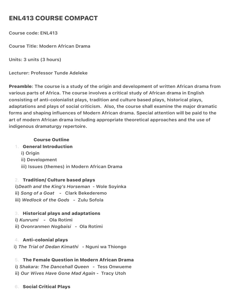 Modern African Drama Course Overview | PDF