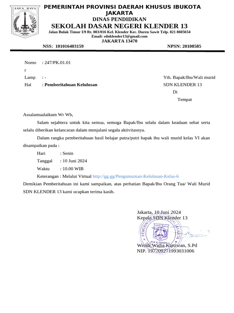 Surat Pemberitahuan Kelulusan | PDF