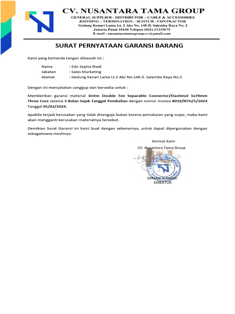 Surat Pernyataan Garansi | PDF