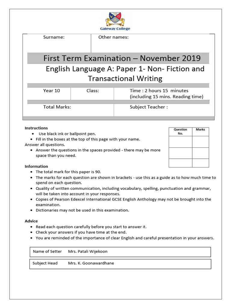 Nov2019 Yr10 English Paper1 Draft2 | PDF | Question | Communication