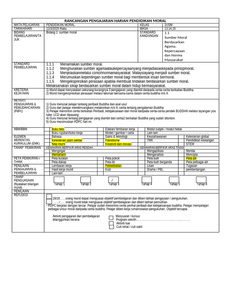 Contoh RPH Pendidikan Moral | PDF