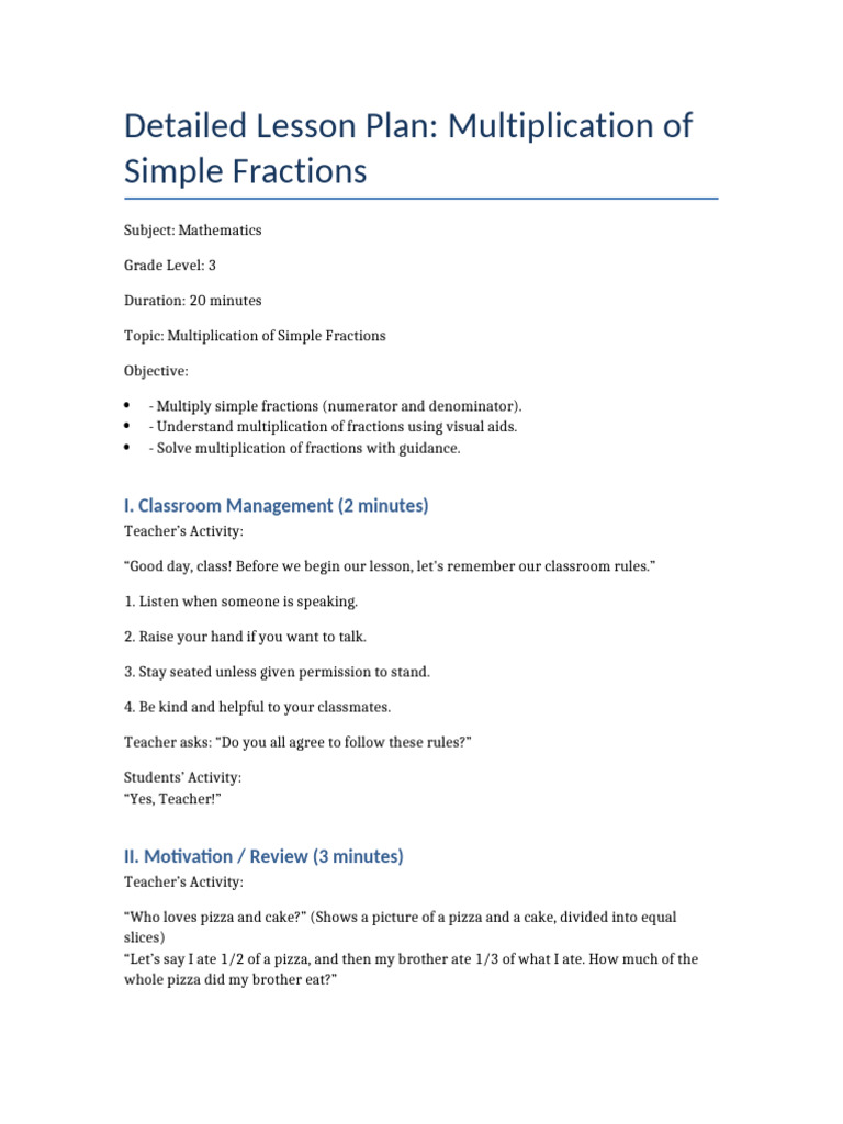 Class 3 Lesson on Fraction Multiplication | PDF | Mathematics | Learning