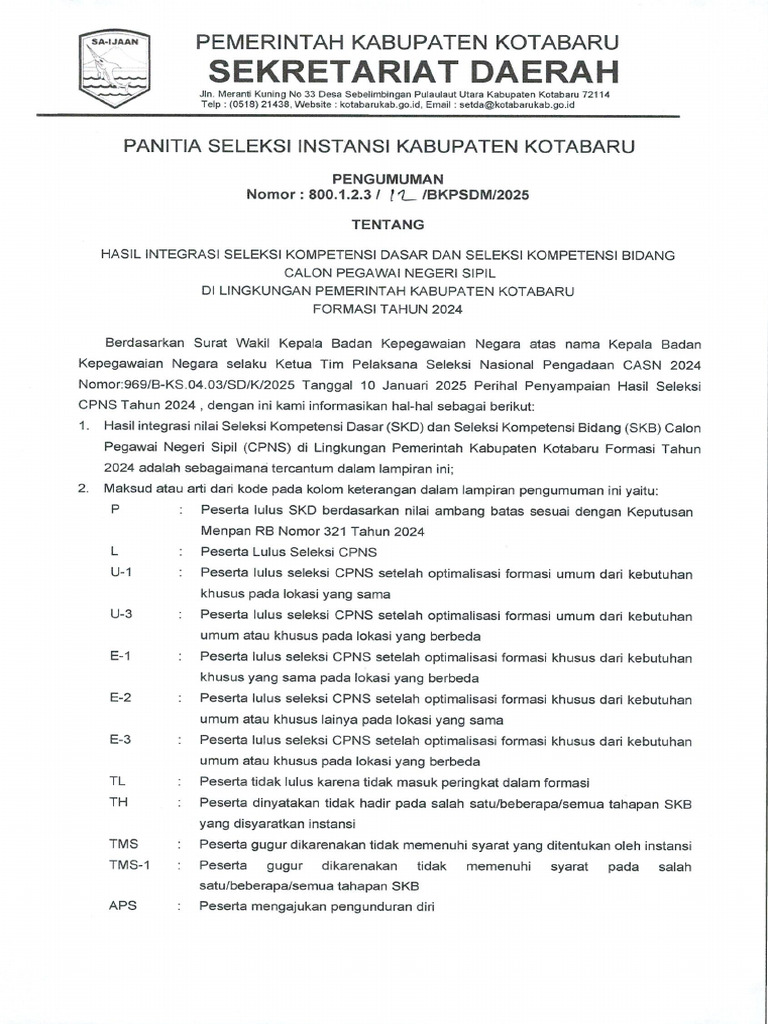 Uman Hasil Integrasi SKD Dan SKB CPNS Formasi Tahun 2024 | PDF