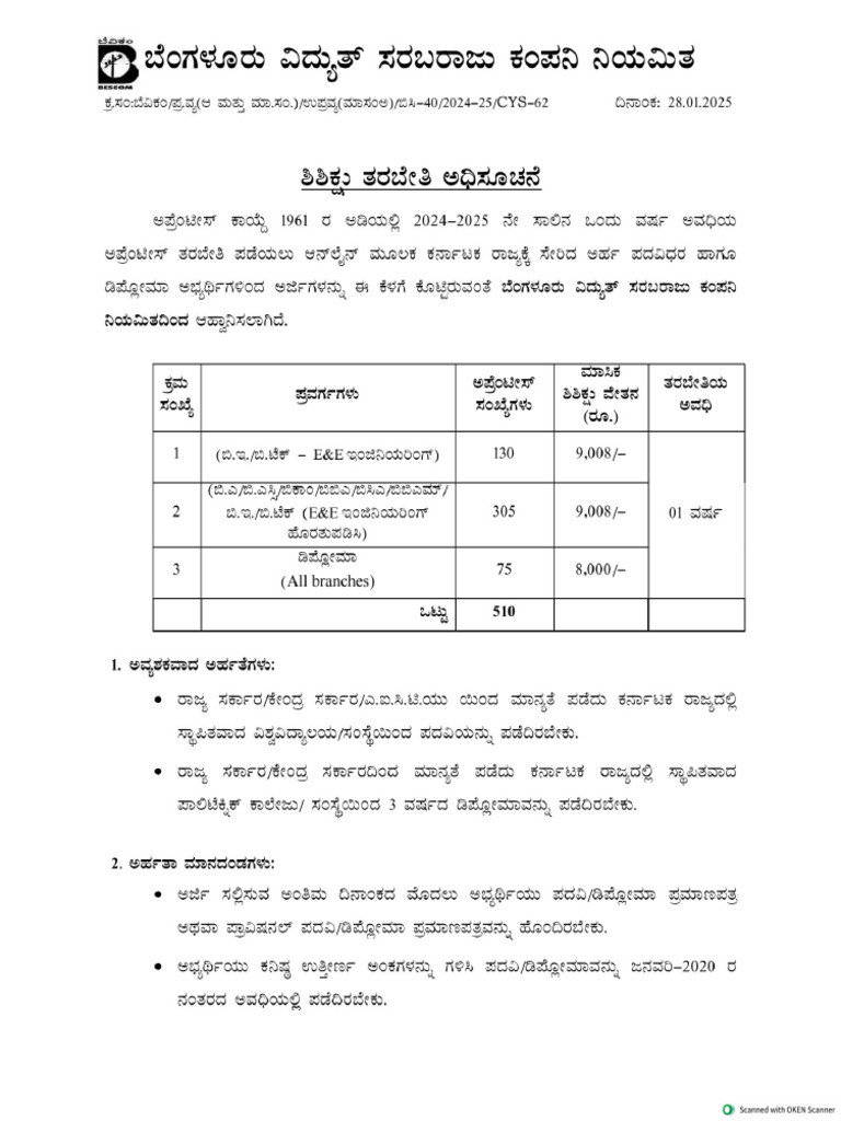 BESCOM 510 Apprentice | PDF