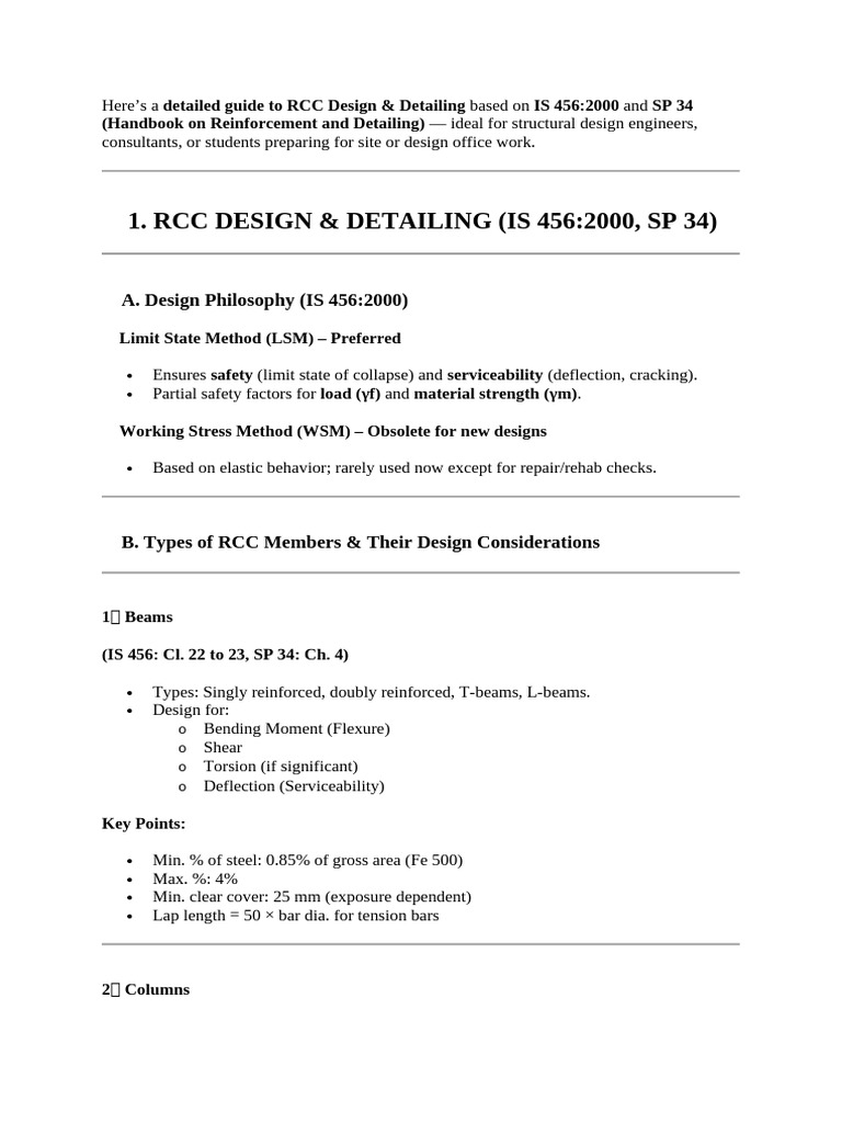 RCC Design & Detailing (IS 456, SP 34) | PDF | Bending | Beam (Structure)