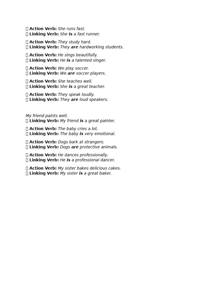 Action Verb and Linking Verb Examples | PDF
