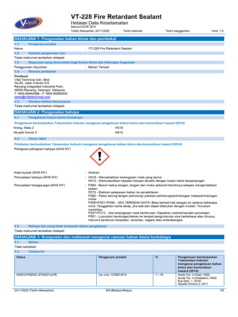 VT-228 Fire Retardant Sealant - SDS - MY - MS - 1.0 | PDF