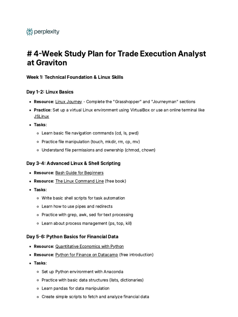 # 4-Week Study Plan For Trade Execution Analyst at | PDF | Statistics | Algorithmic Trading