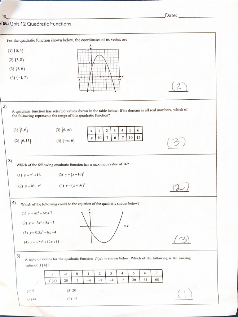 Review Quadratic Functions | PDF