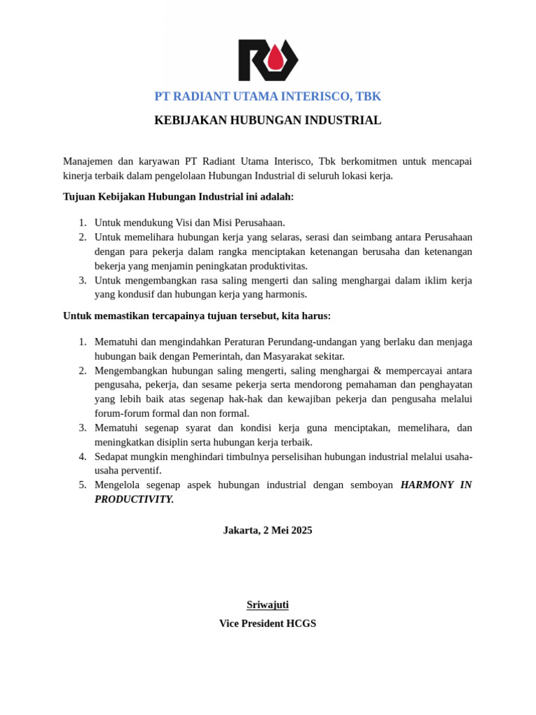KEBIJAKAN HUBUNGAN INDUSTRIAL PT RADIANT UTAMA INTERISCO, TBK | PDF