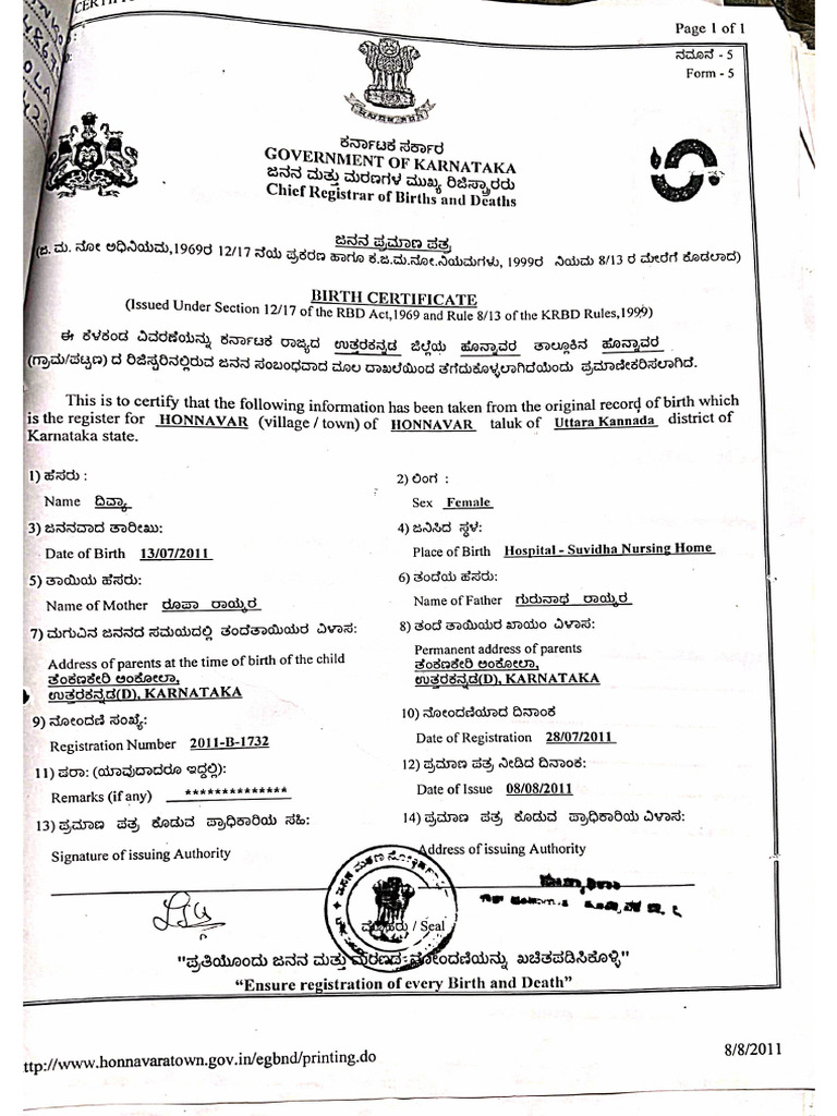 Birth Certificate of Divya | PDF