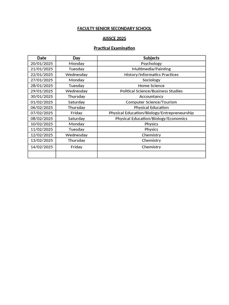 AISSCE 2025 Practical Exam Schedule | PDF