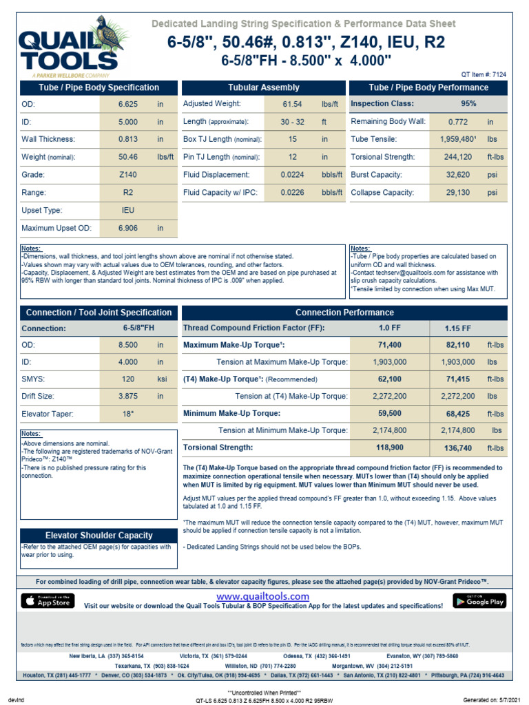 Dedicated Landing String Specification & Performance Data Sheet | PDF ...